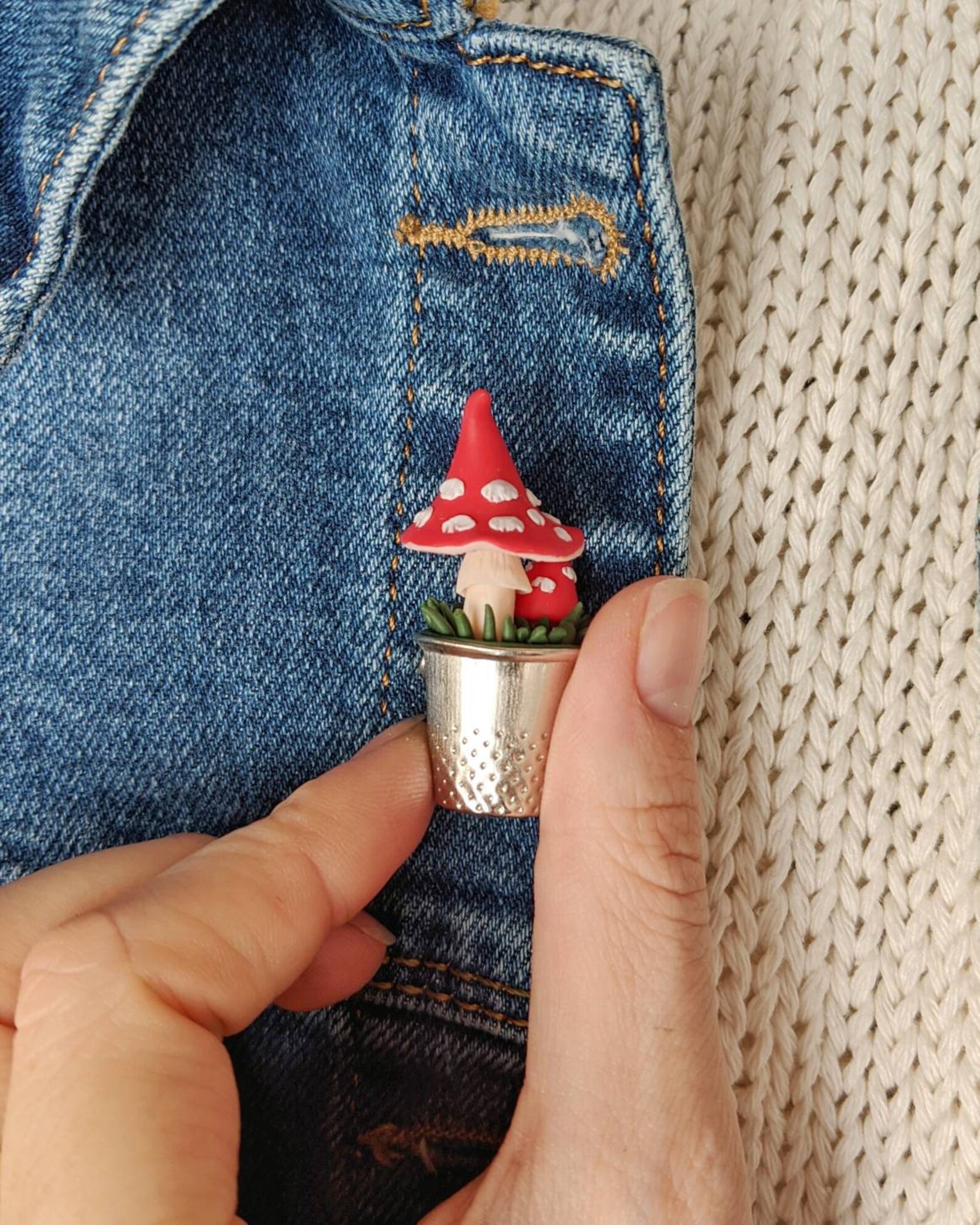 Red Mushroom Lapel Pin | Thimble and Polymer Clay Brooch - Etsy