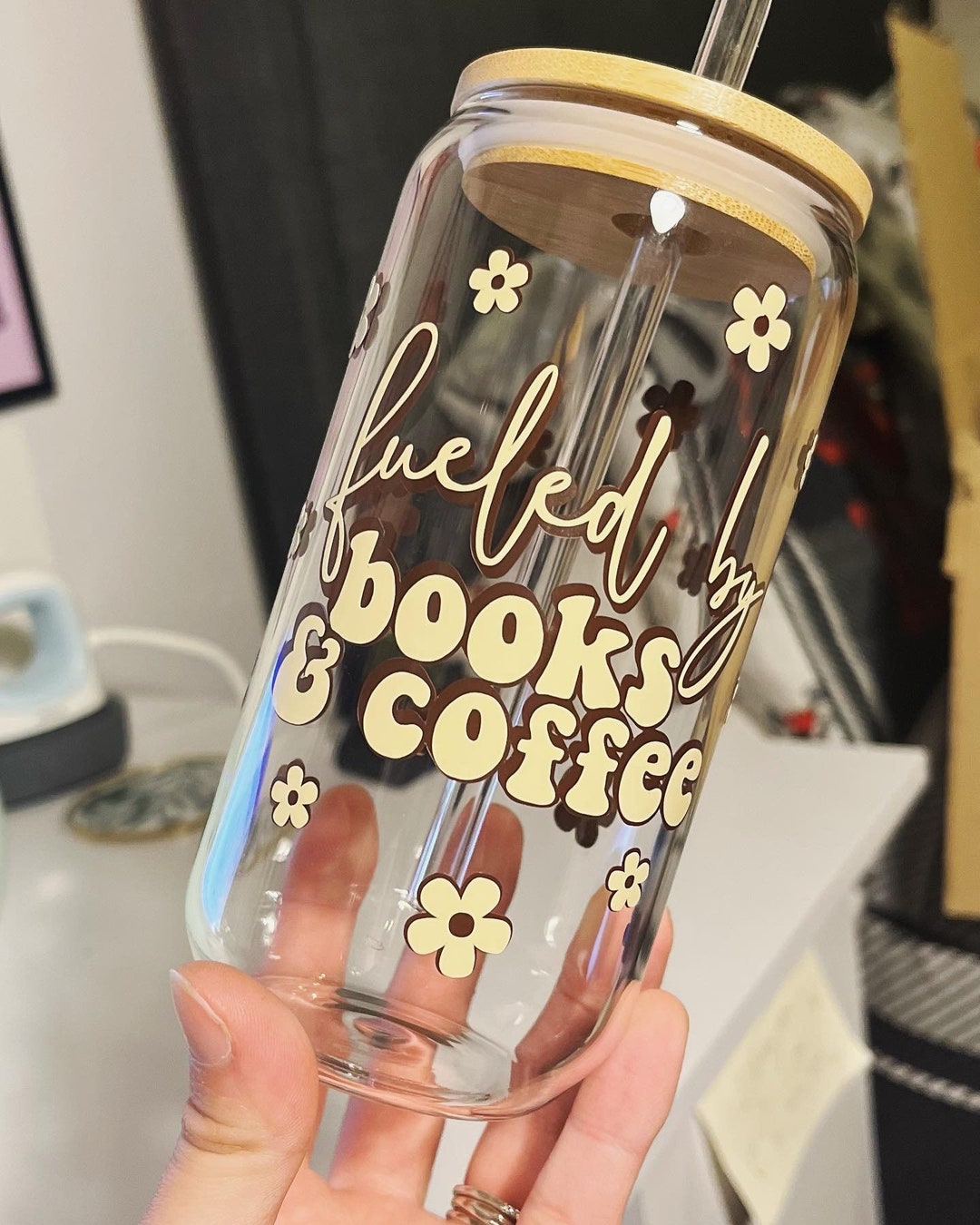 Fueled by Books and Coffee Glass Can Jar With Bamboo Lid and Straw Book ...
