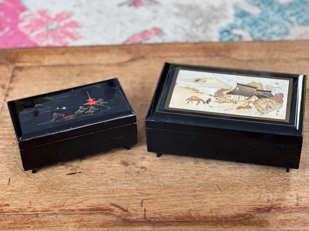 Sweet Pair of Black Lacquered Musical Jewelry Boxes With a Bit of Wear ...
