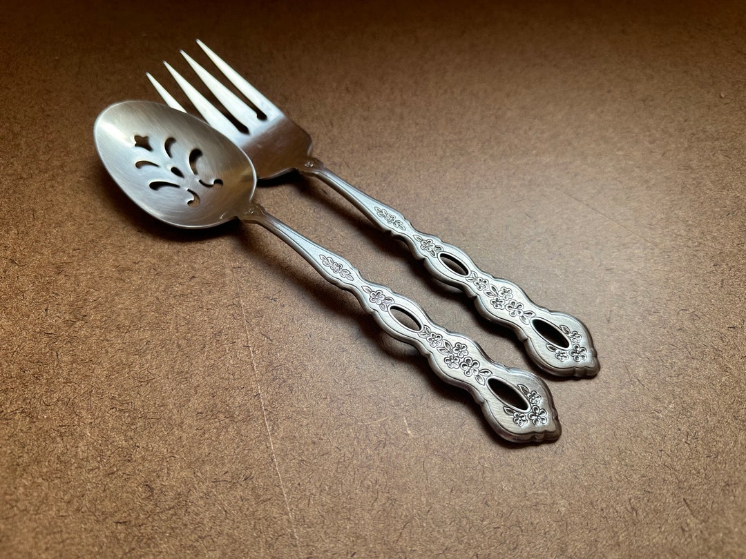 Vintage Oneida Stainless Fantasy Slotted Serving Spoon and Fork, Sold ...