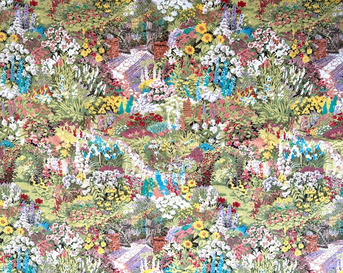 Vintage Flower Garden Fabric With Secret Gate / English Cottage Garden ...