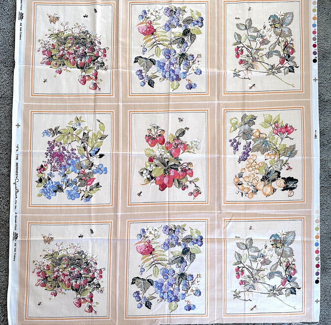 Vintage Floral Cut and Sew Panel With Berries and Bees / Pillow Squares ...