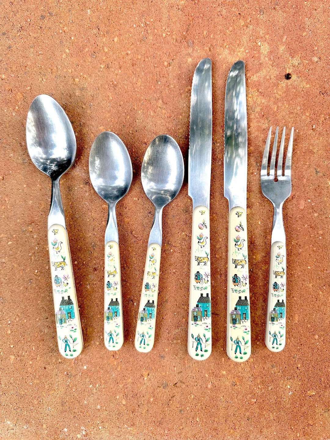 Vintage Farm Scene Stainless Flatware With Plastic Handles by the Piece / International ...