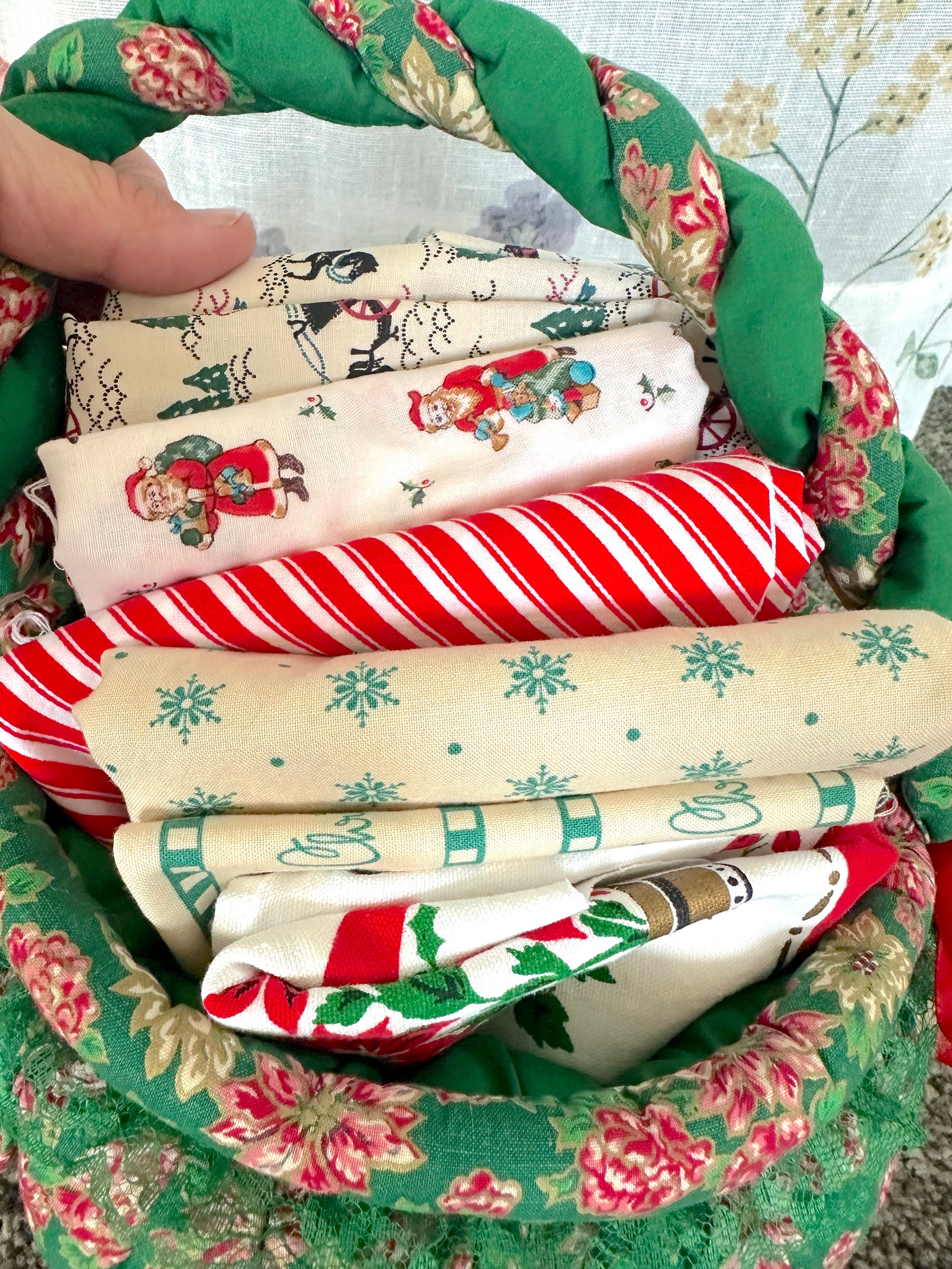 Vintage Christmas Fabric Scrap Basket / Handmade Vintage Christmas ...