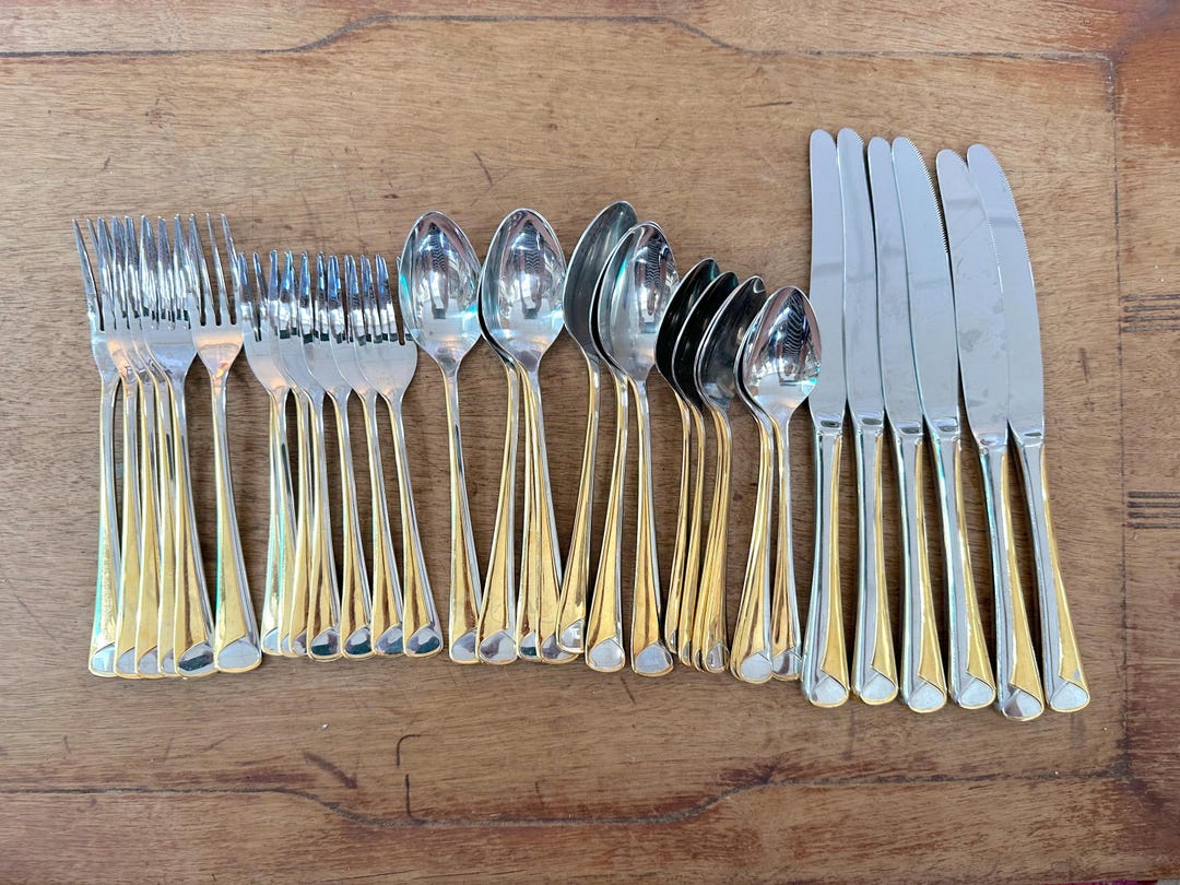 Vintage Silverware for Six / Retro Gold and Silver Stainless Silverware ...