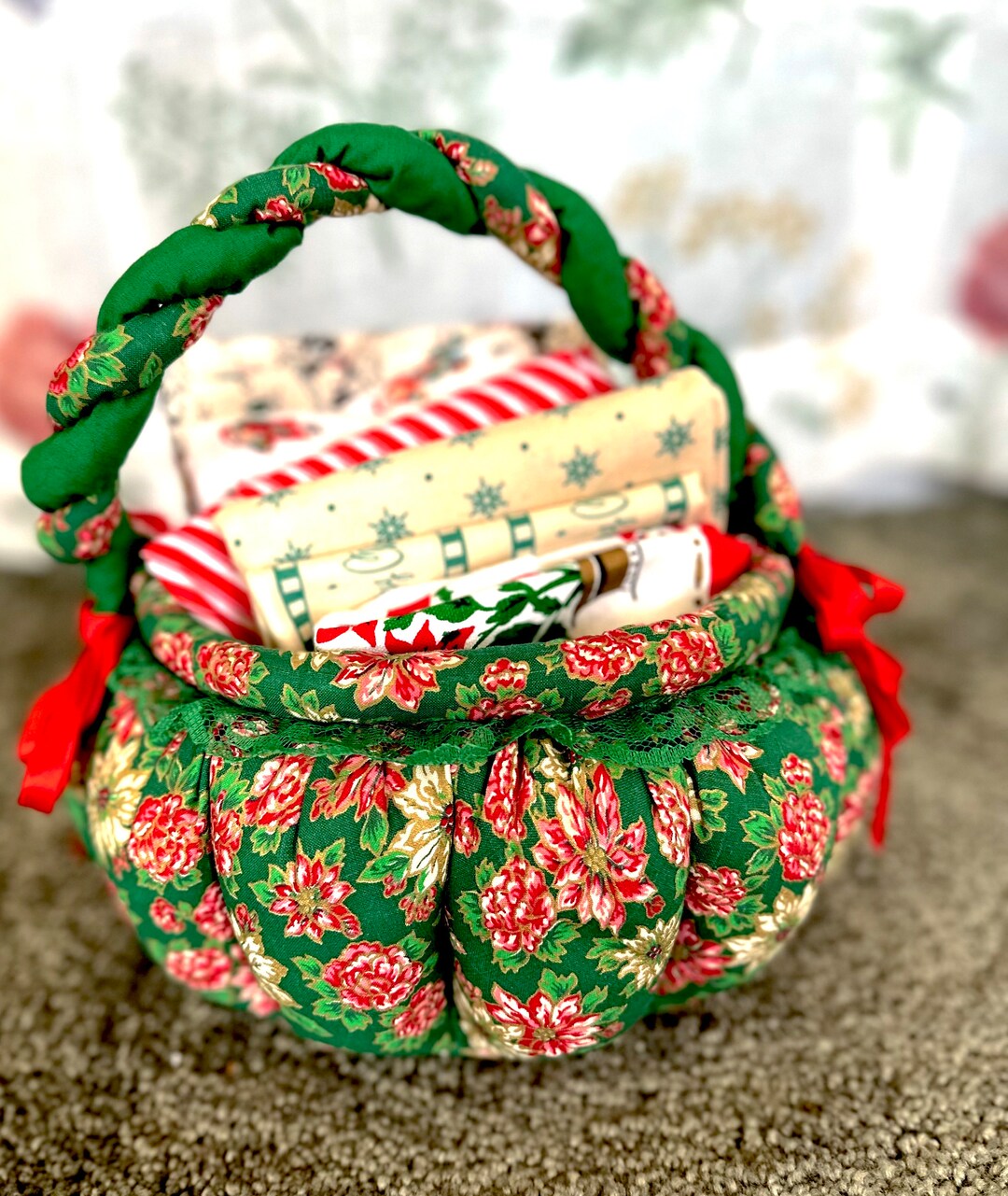 Vintage Christmas Fabric Scrap Basket / Handmade Vintage Christmas ...