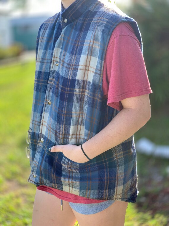 1980s Puffer Vest, Reversible Vest / Plaid/Navy Snap … - Gem