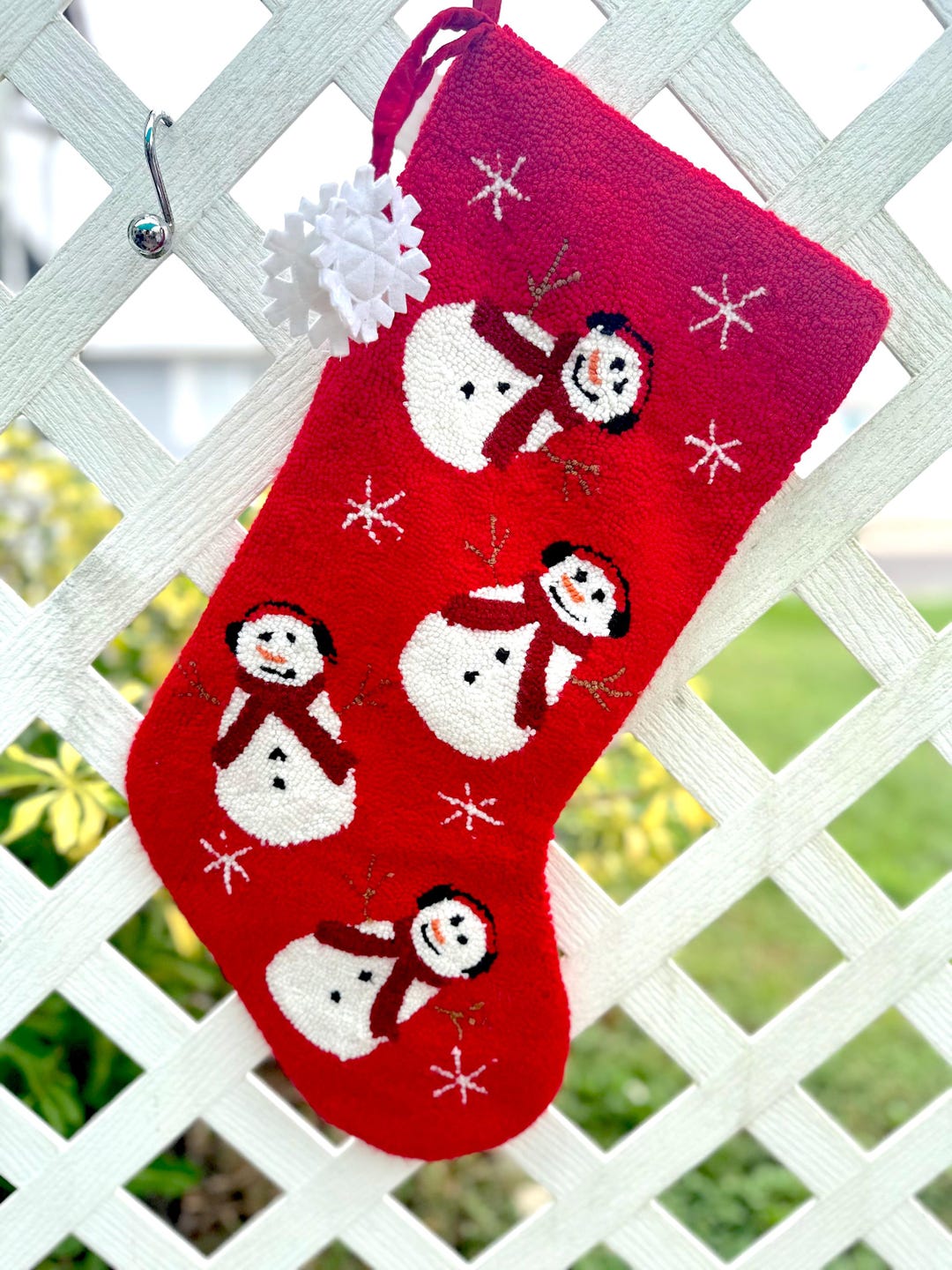 Vintage Hooked Snowman Stocking / Soft Large Cotton Hooked Snowman ...
