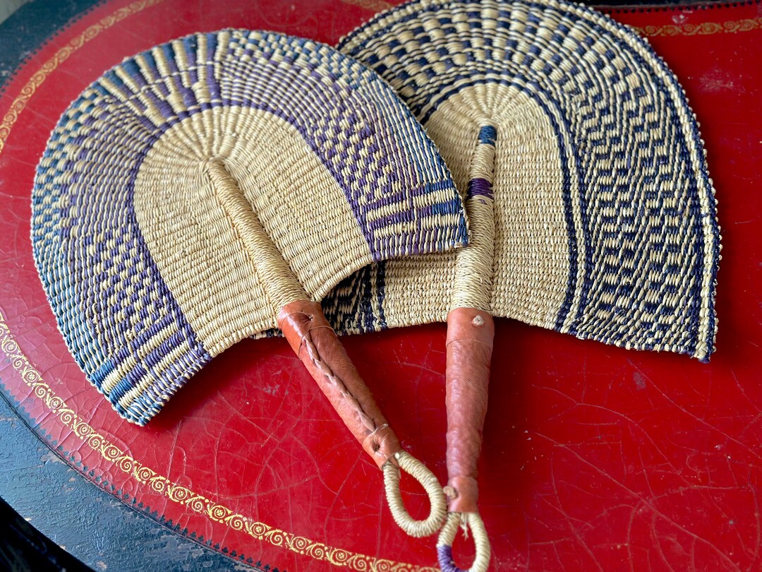 Vintage Rattan Hand Fans With Leather Handles, Pair - Etsy