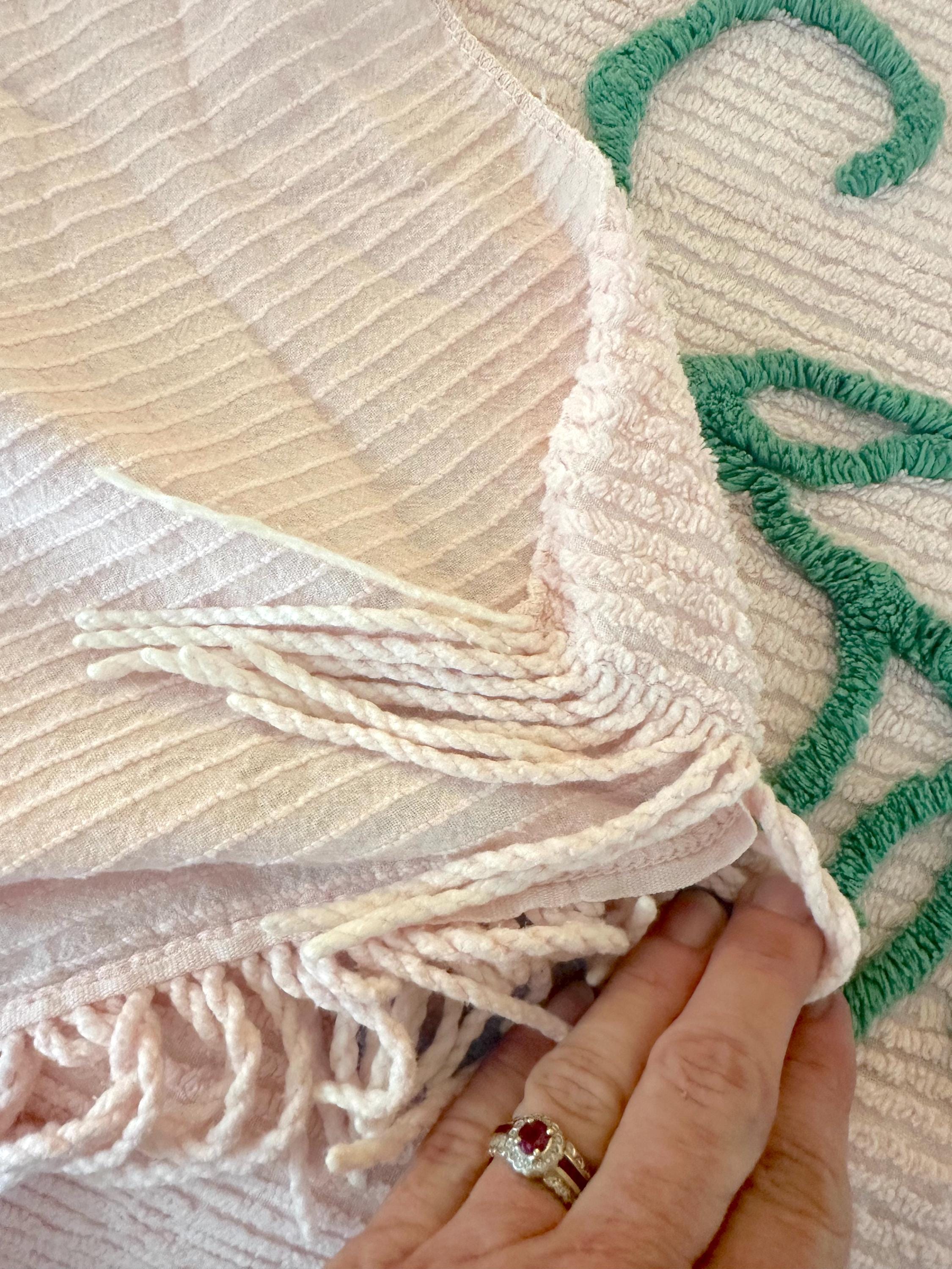 Vintage Pink Chenille Bedspread With Fringe and Asymmetrical Crewel ...