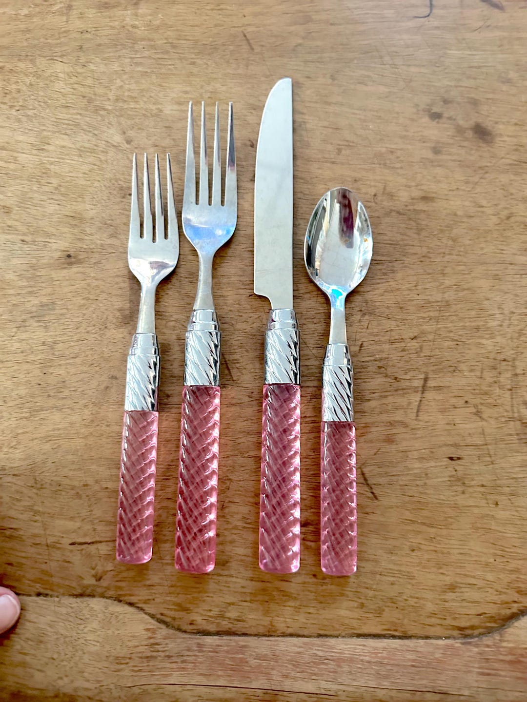 Vintage Stainless With Clear Pink Handle Taiwan / Four 4-piece Settings ...