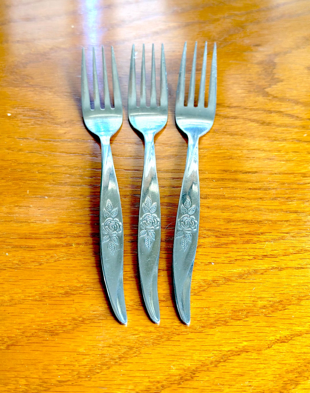 Three Hanford Forge avon Rose Dinner Forks / Vintage HF Stainless Avon ...