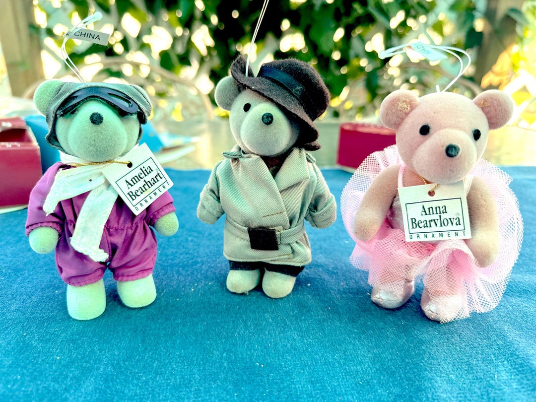 Three Small Vintage Very Important Bear Flocked Ornaments Lot: Humphrey ...