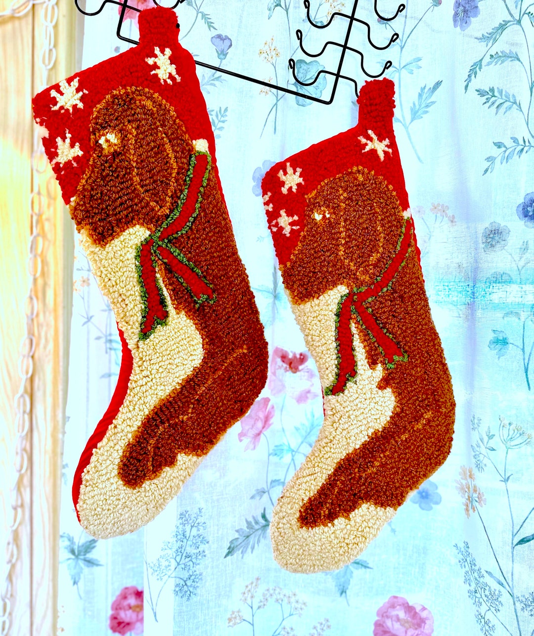 Chocolate Hound Dog Wool Hooked Stockings Pair / Large Dog Stockings ...