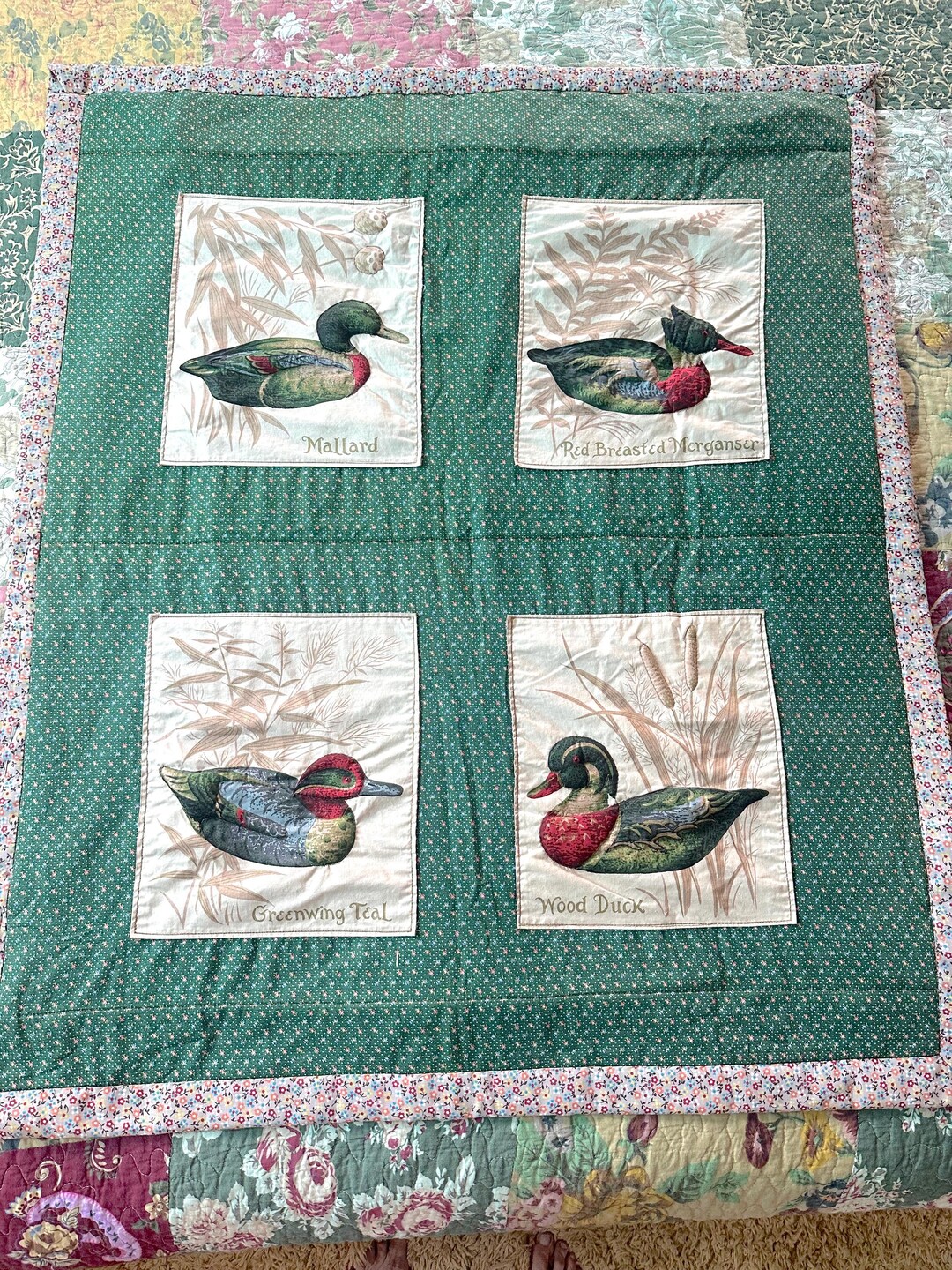 1980s Wall Quilt With Stuffed Ducks to Hang With Dowel / 80s Shabby ...