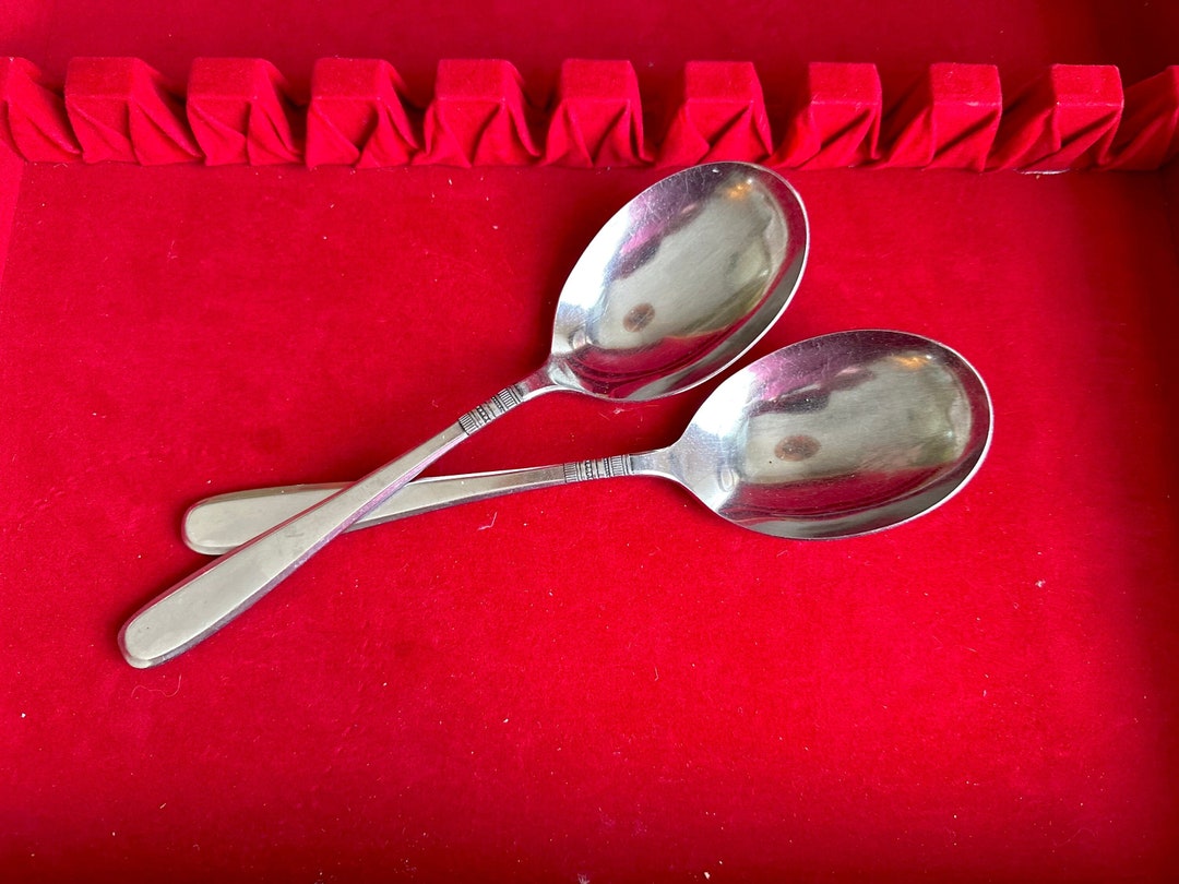 Two Japan Northland Stainless Serving Spoons / Lines and Dots on Top of ...