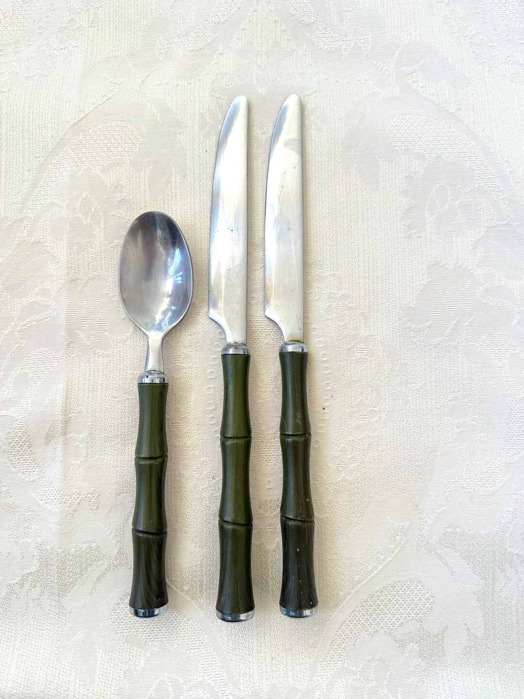 Vintage Cambridge Faux Bamboo Silverware in Dark Olive Green Three ...