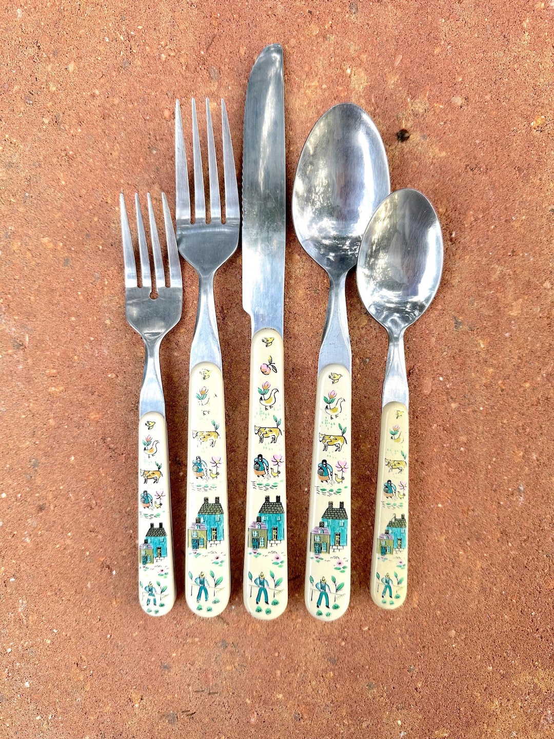 Vintage Farm Scene Stainless Flatware With Plastic Handles by the Piece ...