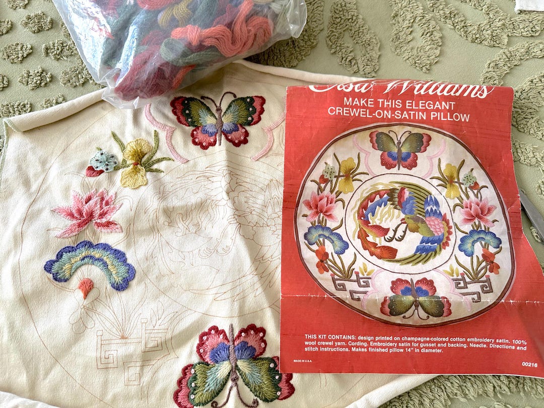 Vintage Elsa Williams Partially Completed Crewel on Satin Pillow Kit ...