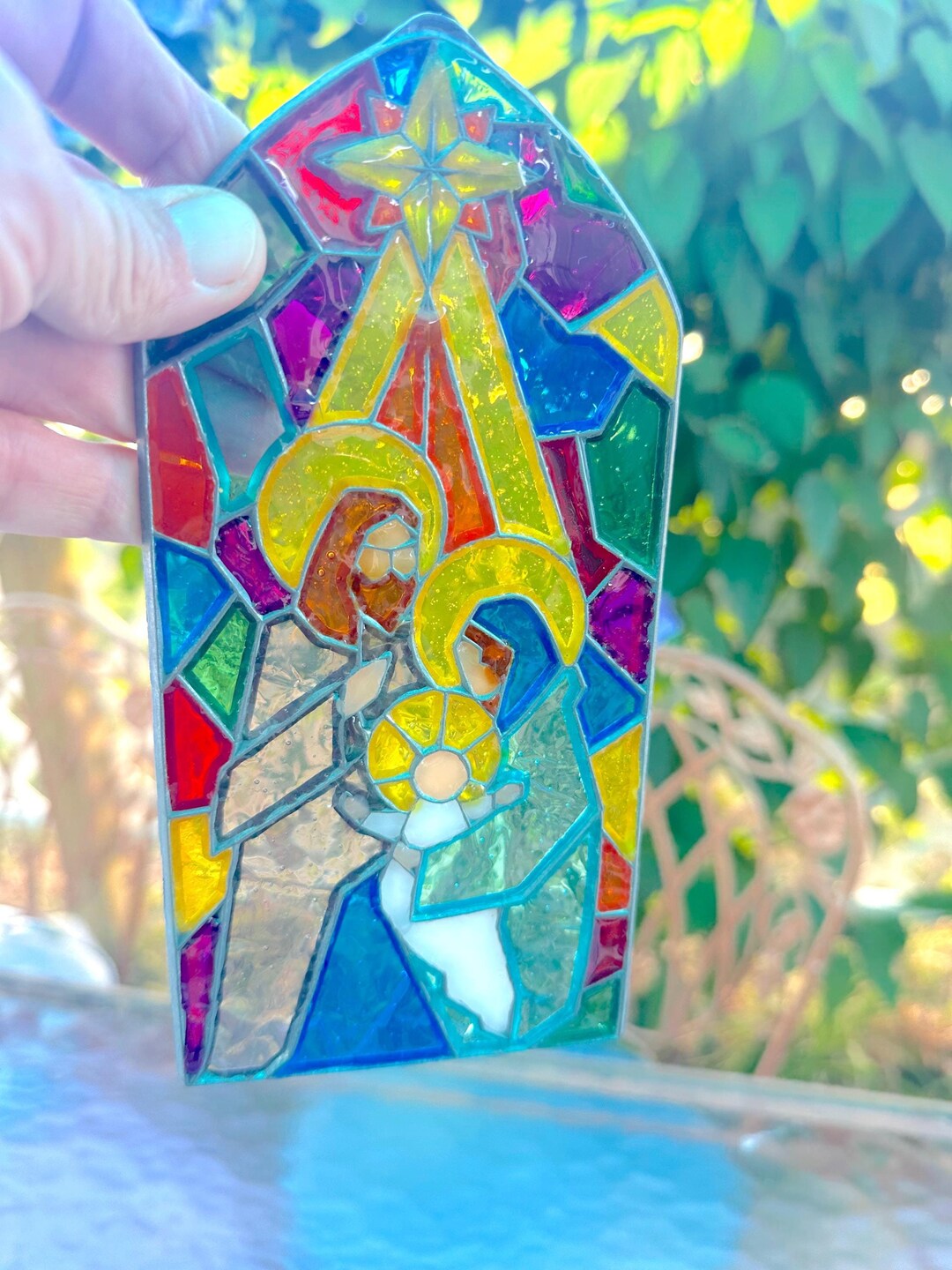 Vintage Stained Glass Nativity Panels Triptych / Christmas Nativity ...