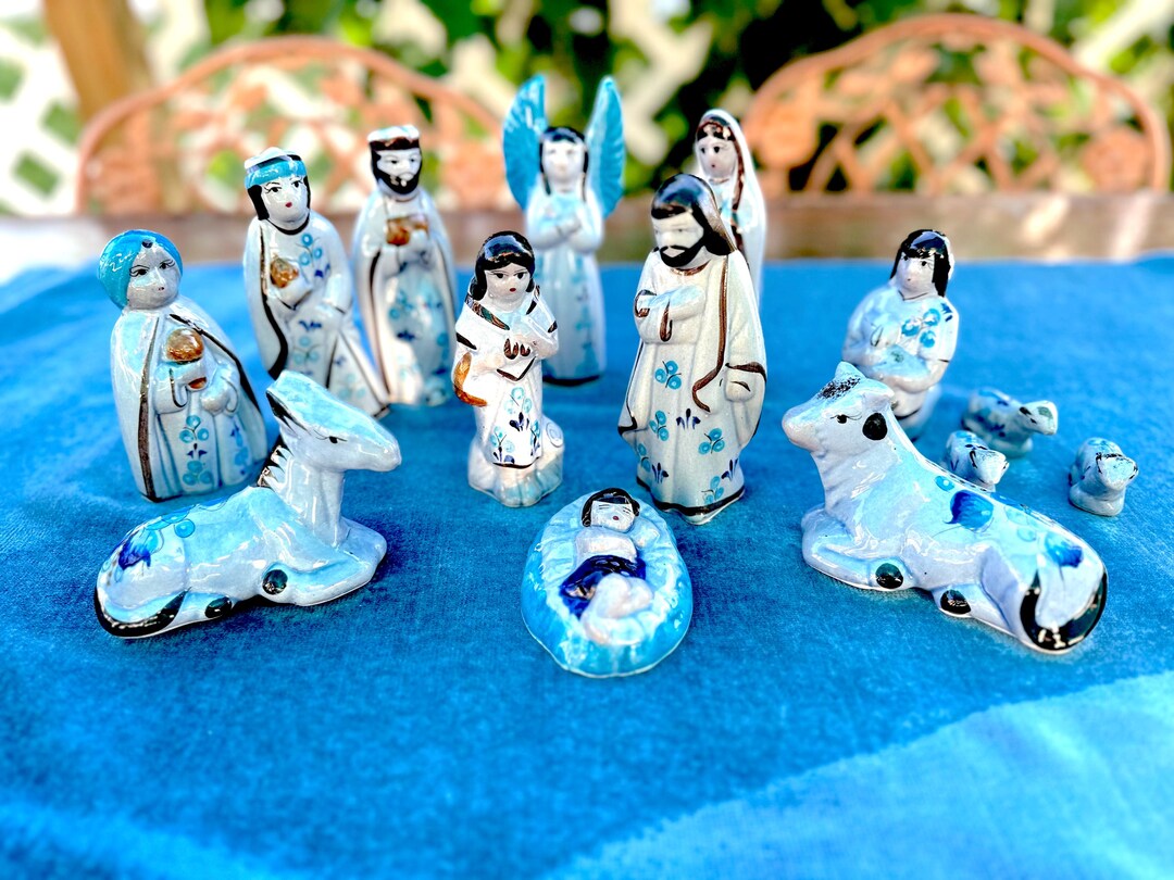 Vintage Mexican Nativity Set in Blue, 14 Pieces / Painted Ceramic ...