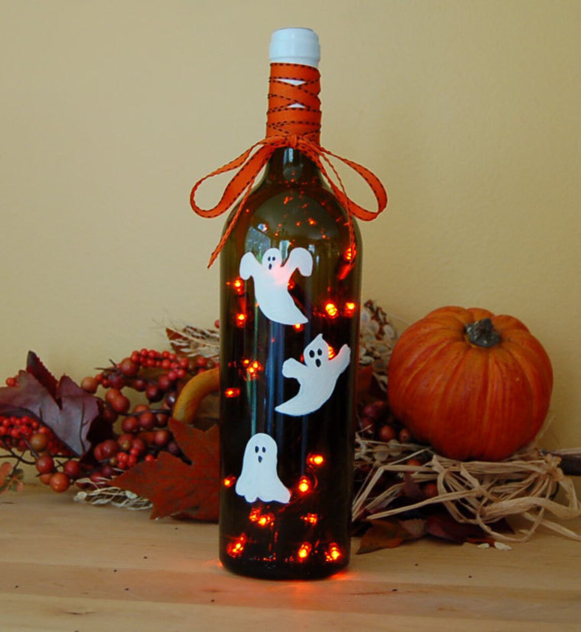 Wine bottle light Halloween decoration ghost white orange | Etsy
