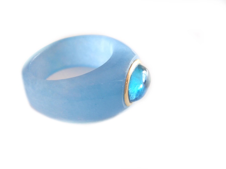 Blue Topaz and Blue Jade 14k Ring / Beautiful Aqua Jadeite Topaz Accent ...