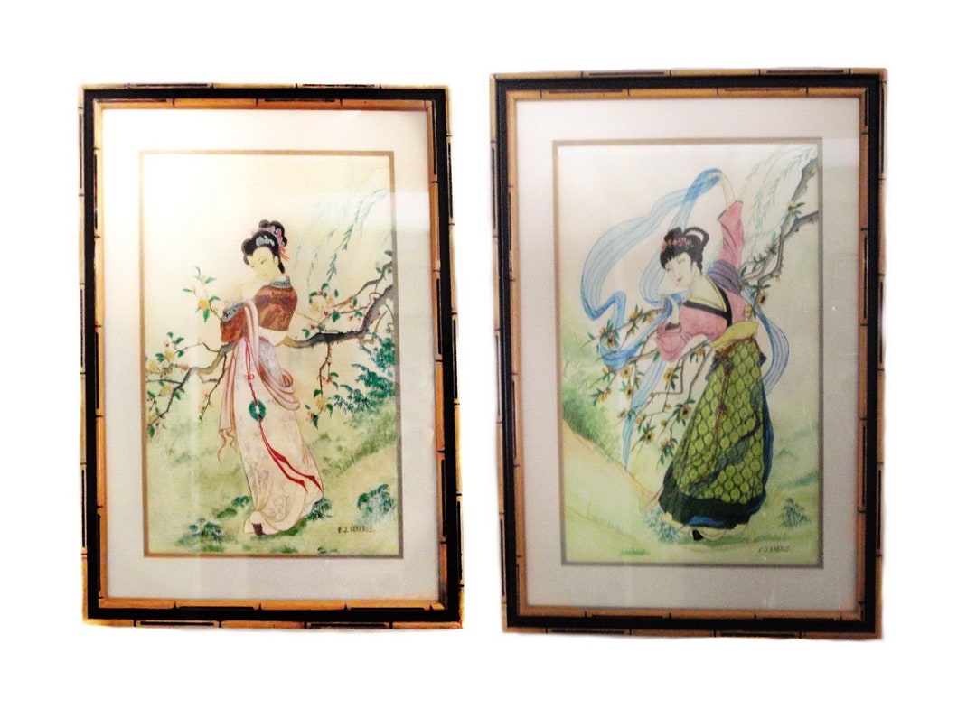 2 Geisha Framed Watercolor Paintingorientalist Hand Painted ...