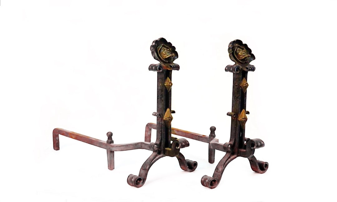 Craftsman Iron Bronze Monk Face Andirons/mission American Gothic Forged ...