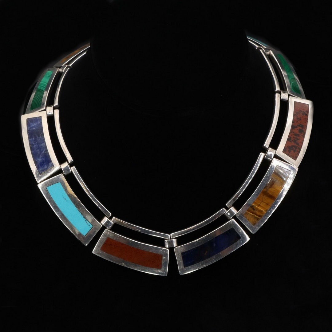 Taxco Multi-stone Collar Panel Necklace Mexico Sterling Malachite ...