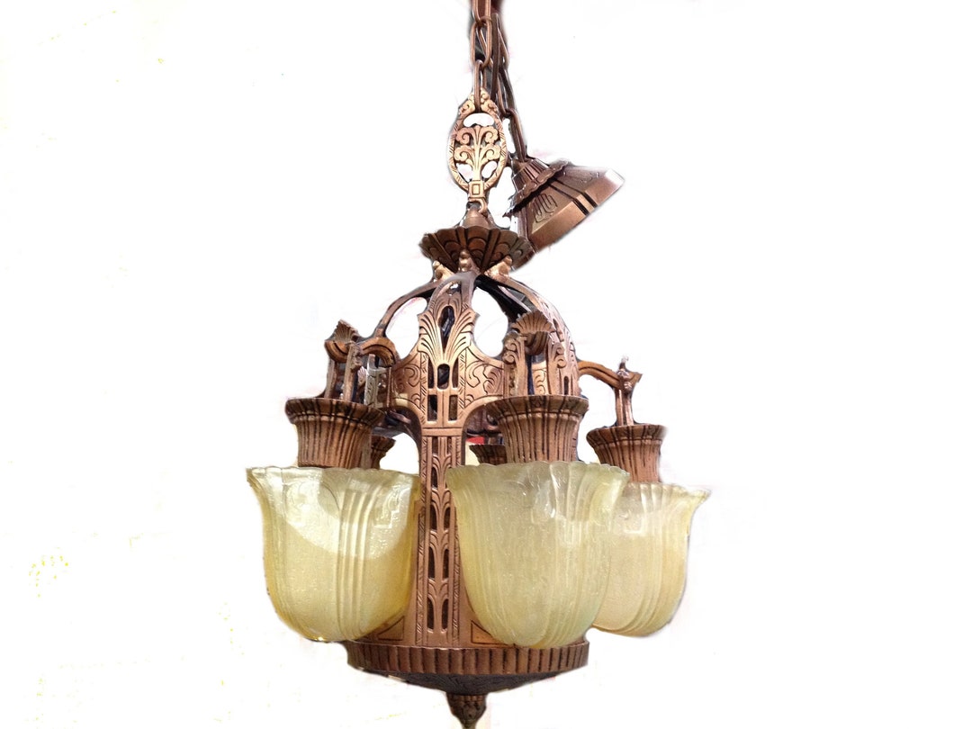 Art Deco 5 Slip Shade Chandelier Lighting/1920s Slipper Shade Ceiling ...