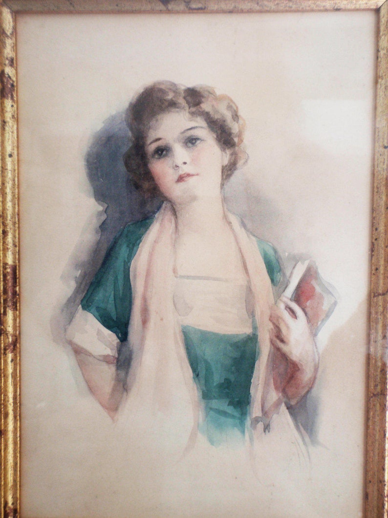 1920s Demure Lady Framed Painting Antique Female Portrait Painting in ...