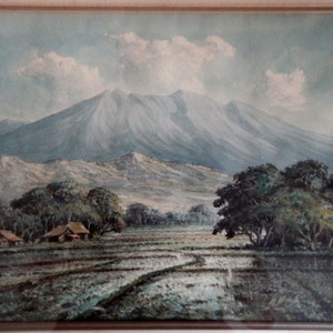Basar Watercolor Java Indonesian Rice Terraces and Volcanic Mountain ...