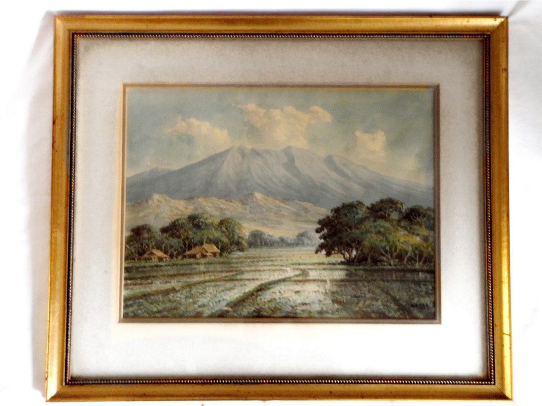 Basar Watercolor Java Indonesian Rice Terraces and Volcanic Mountain ...