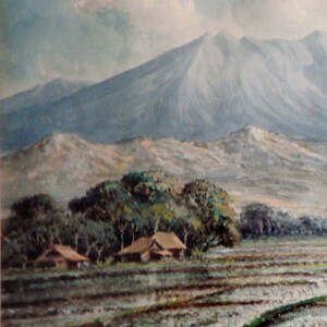 Basar Watercolor Java Indonesian Rice Terraces and Volcanic Mountain ...