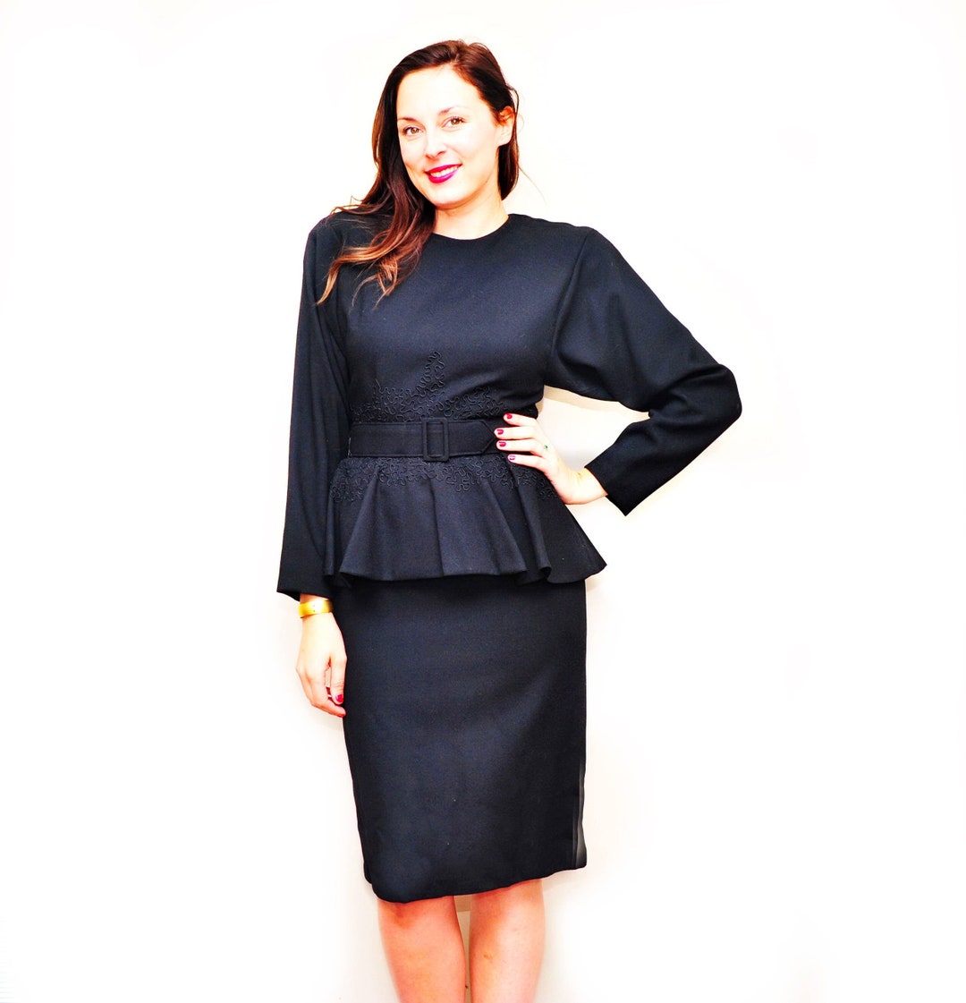 Wool Little Black Dress Embroidered Peblum for for Ladies Evening ...