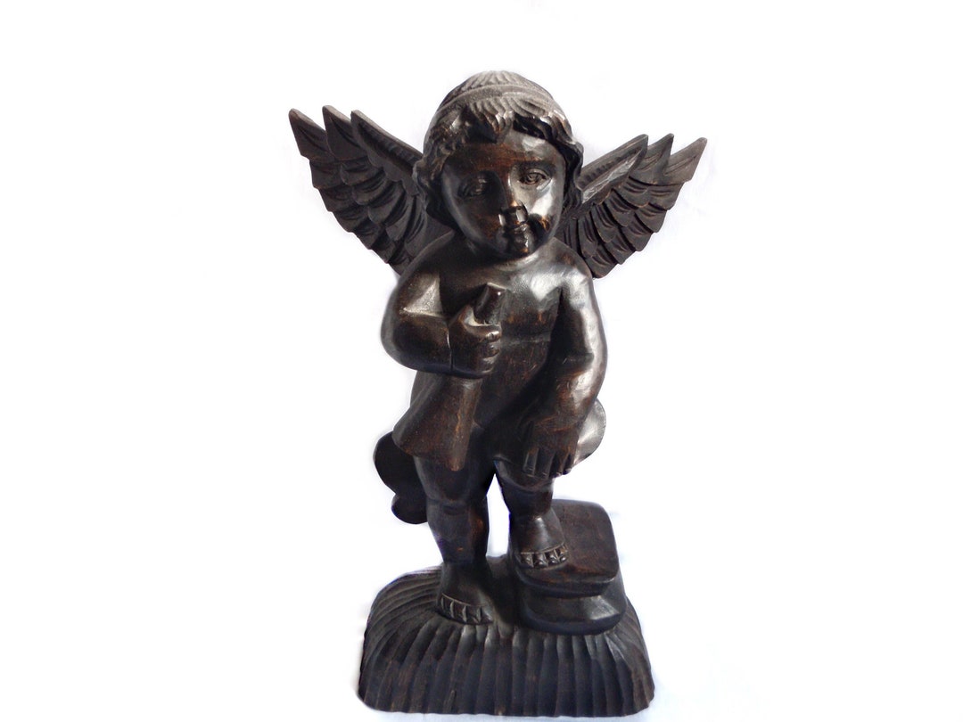 Antique Angel Statue Hand Carved Wood Cherub Angel Sculpture Christian ...