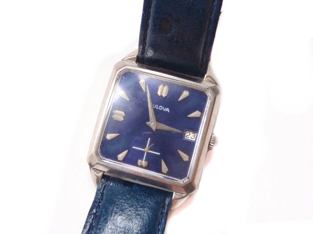 1964 Bulova Square Case Dress Watch Blue Dial Mid Century Modern Bulova ...