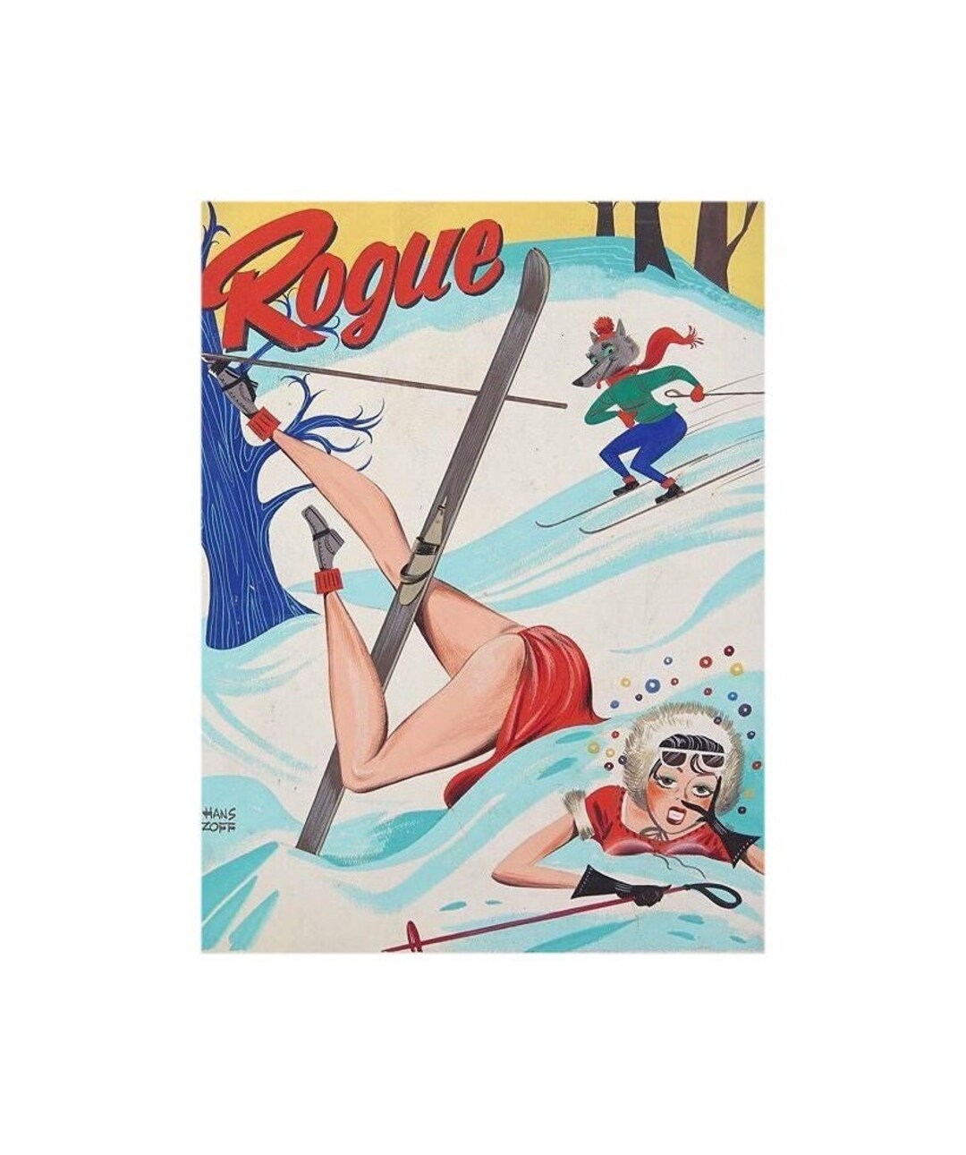 Rogue Magazine Skier Pin up Painting, MCM 1960s Rogue Cover Lady Wolf Cartoon Satire Watercolor ...