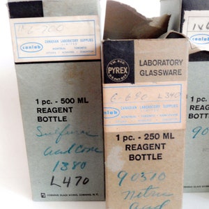 4 Boxed Pyrex Lab Bottles Antique 1930s Apothecary Pharmaceutical Glass ...