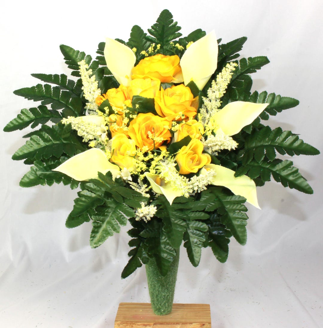 Handcrafted Yellow Roses With Calla Lilies Cemetery Flower Arrangement ...