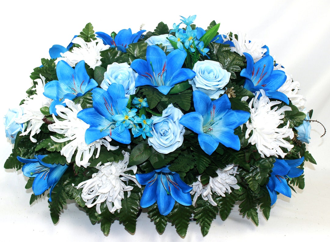 Crazyboutdeco Handcrafted Blue Lilies, White Spider Mums Cemeteryvase ...