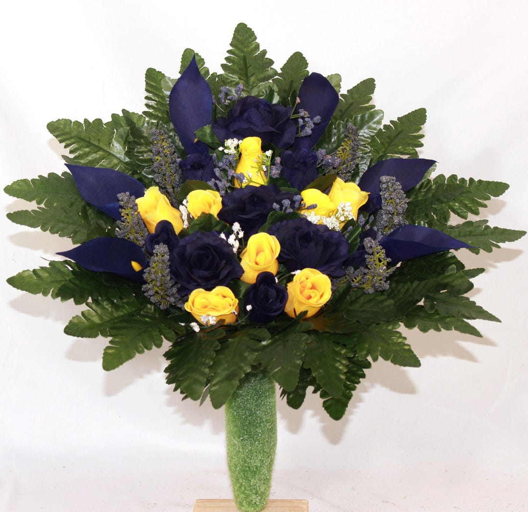 Handcrafted Navy Blue and Yellow Roses W Calla Lilies Cemetery Flower ...