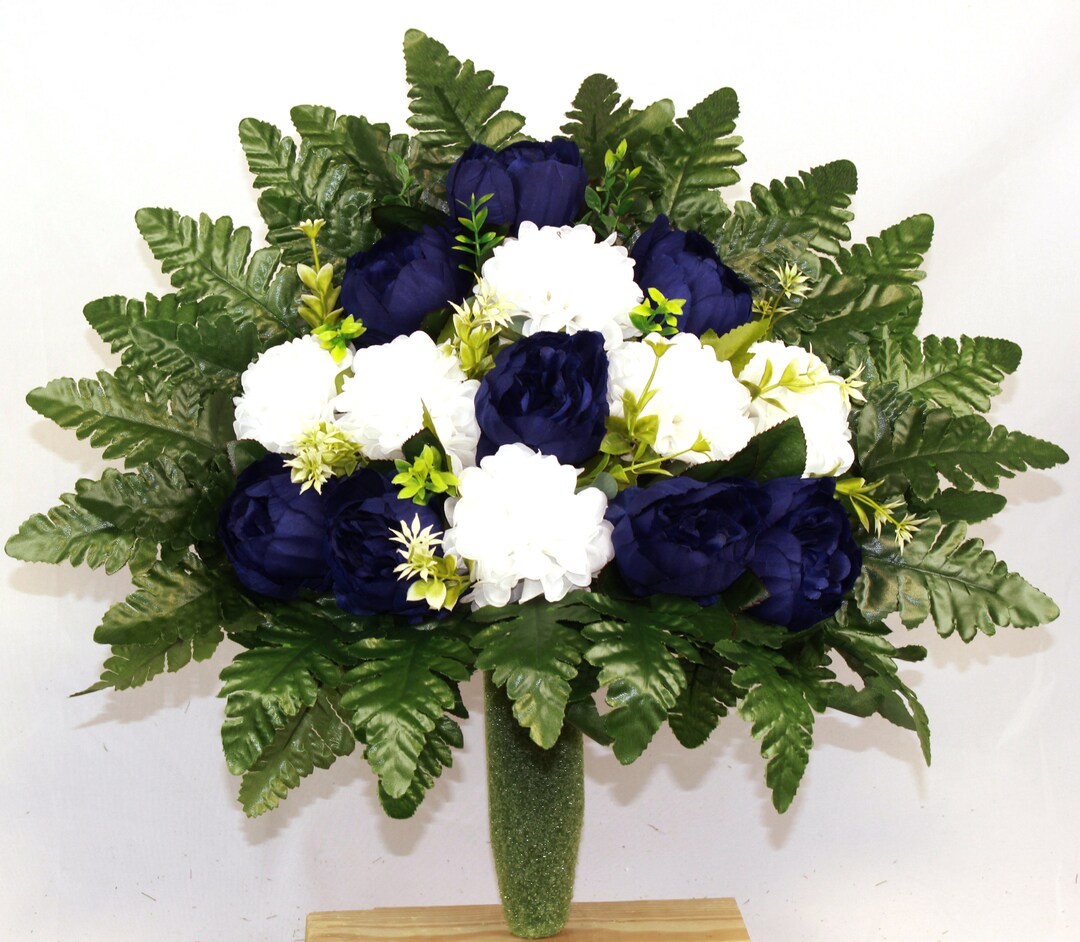 Handcrafted Blue and White Cemetery Flower Arrangement for Mausoleum ...