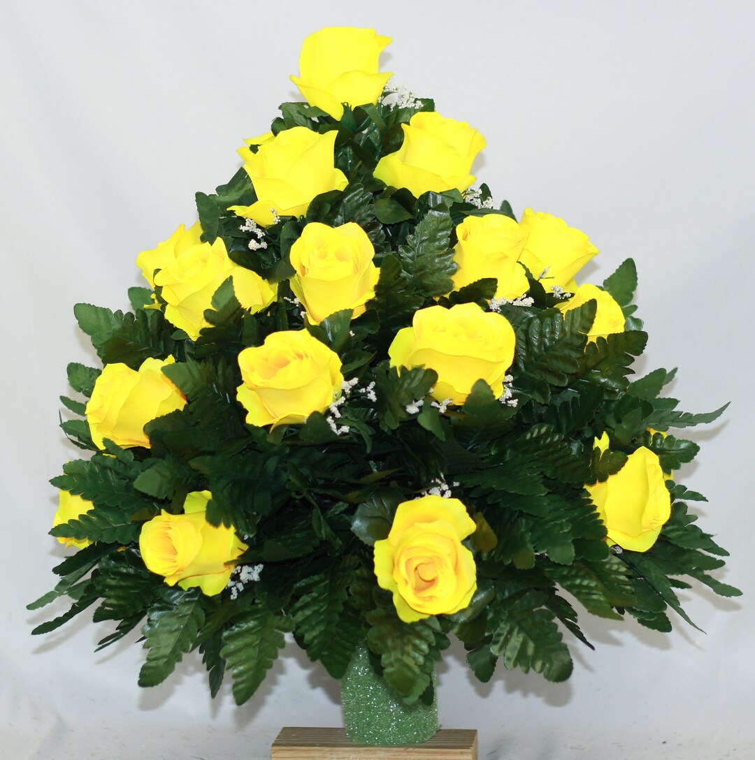 XL Handcrafted Yellow Roses 360 Degree Cemetery Vase Flower Arrangement ...