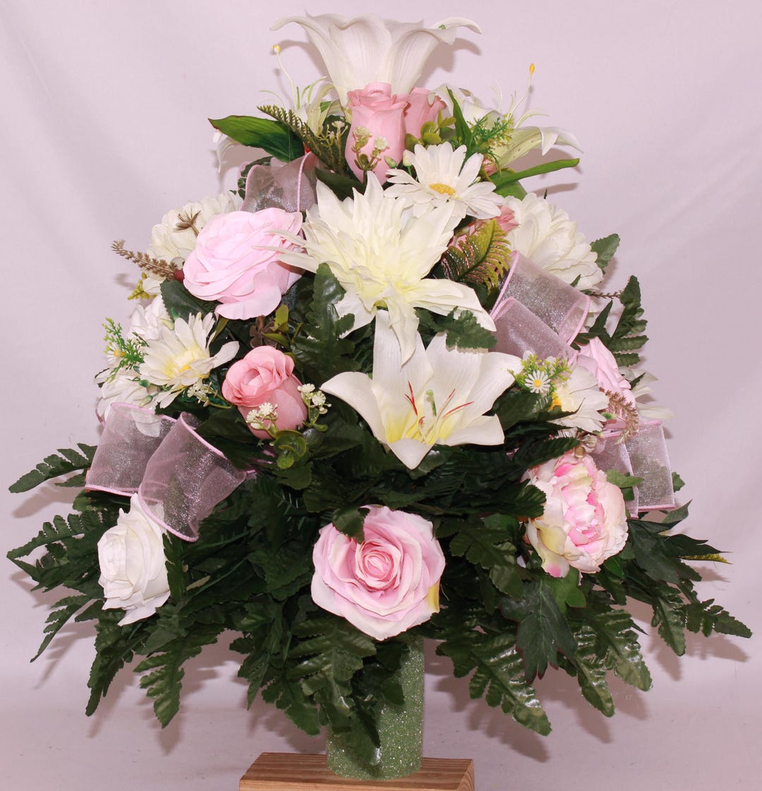 XL Handmade 360-degree Cream Lilies and Pink Roses Cemetery Flower ...