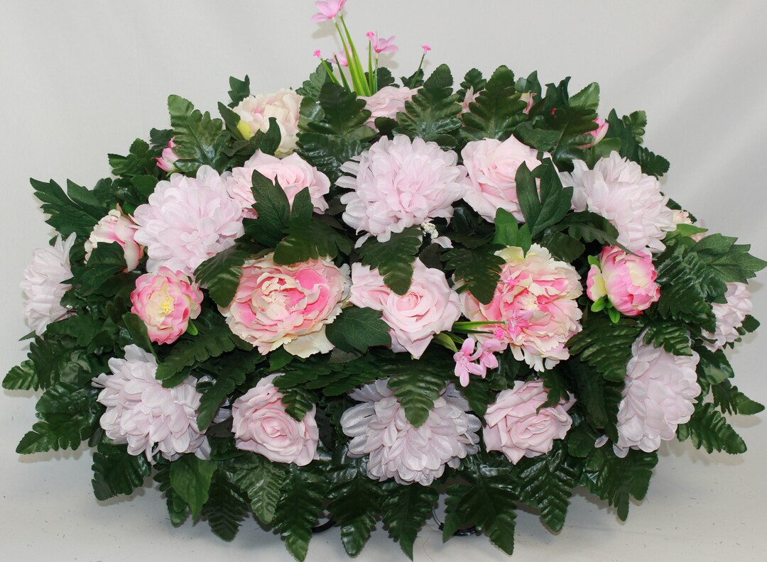 XL Handcrafted Pink Mums and Peonies Cemeteryvase Flower Arrangement ...