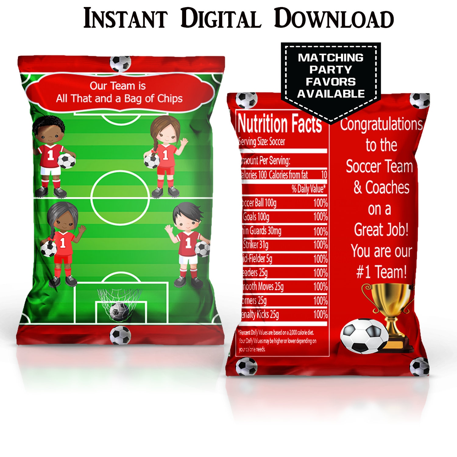 Soccer Chip Bag INSTANT DIGITAL DOWNLOAD Soccer Team Party Chip Bag ...