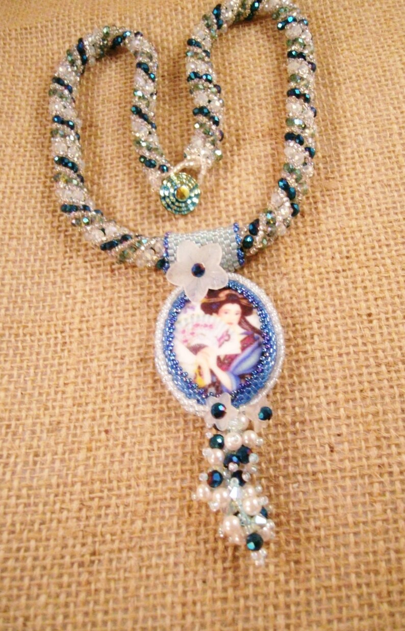 Bead Embroidery and Russian Necklace in Shades of Blue and White, Cab ...