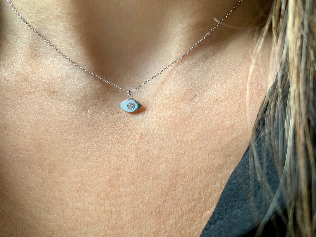 Diamond Evil Eye Necklace: 14k White Gold, Minimalist Layering - Etsy